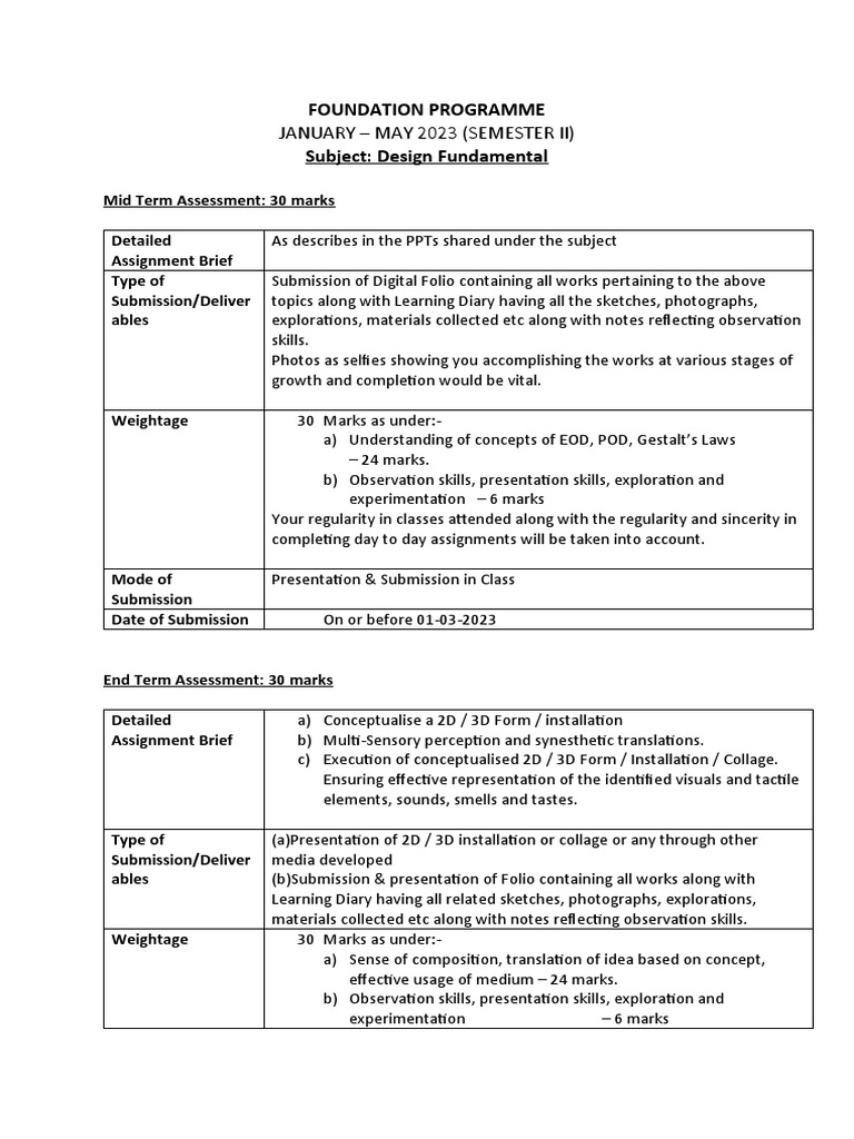 Student Assignment Plan - Design Fundamental - Semester II | Download ...