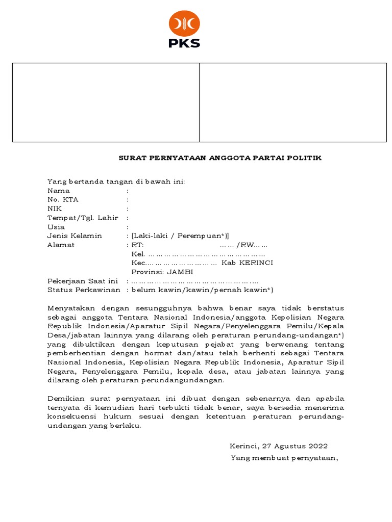Surat Pernyataan Anggota Partai Politik Asn | PDF