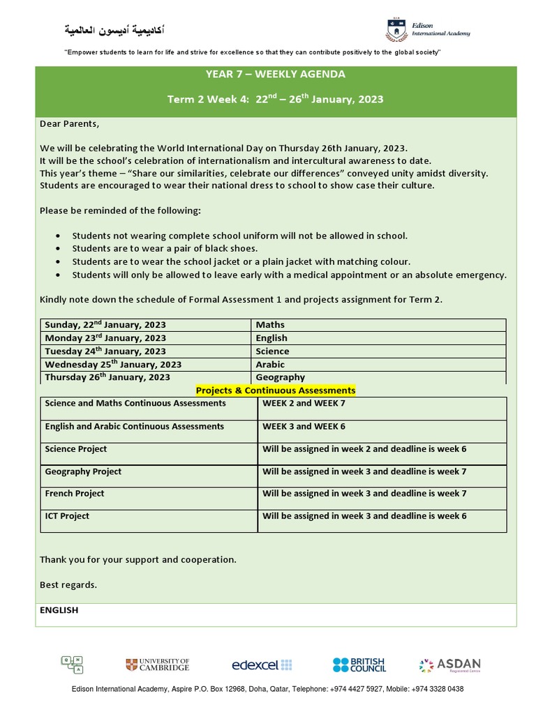 Year 7 Term 2 Week 4 Weekly Agenda 2022-2023 1 | PDF