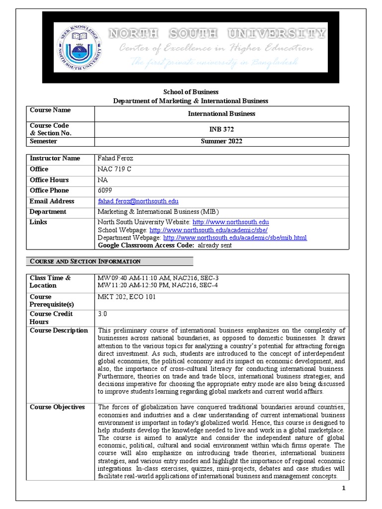 Inb 372 Course Outline Summer 2022 | PDF | Academic Dishonesty | Cognition