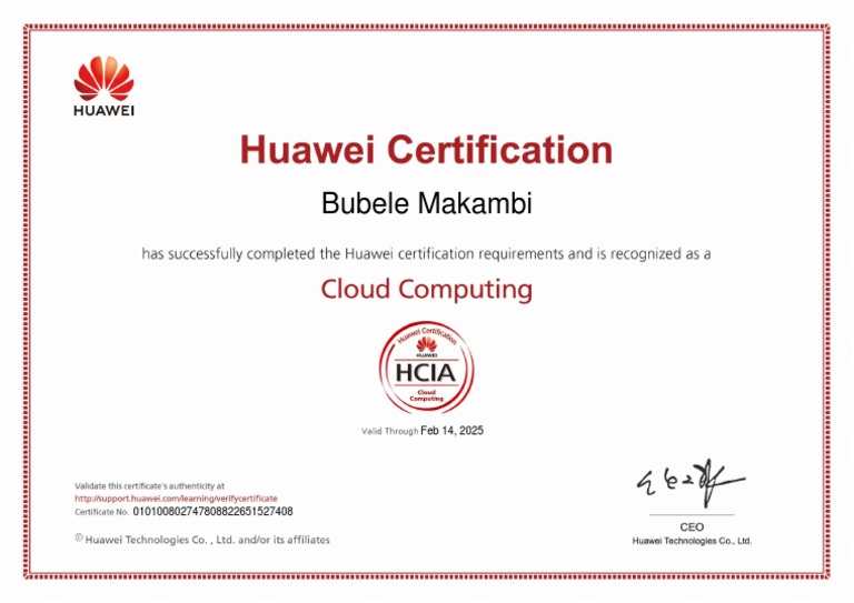 Certificate in Completion of Huawei Certification Requirements - Recognised As Cloud Computing | PDF