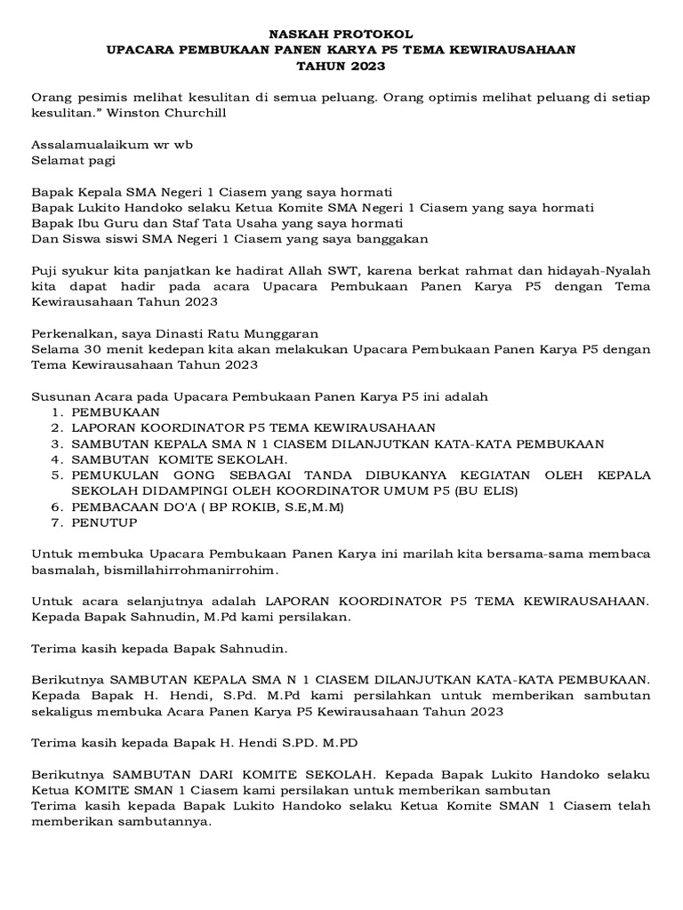 Upacara Pembukaan Panen Karya P5 2023 | PDF | Pengembangan Diri