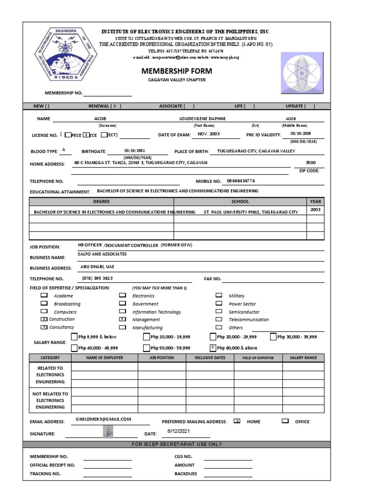 IECEP-Cagayan Valley Membership Form - LOUDEXILENE DAPHNE S. ACOB | PDF | Physical Sciences ...