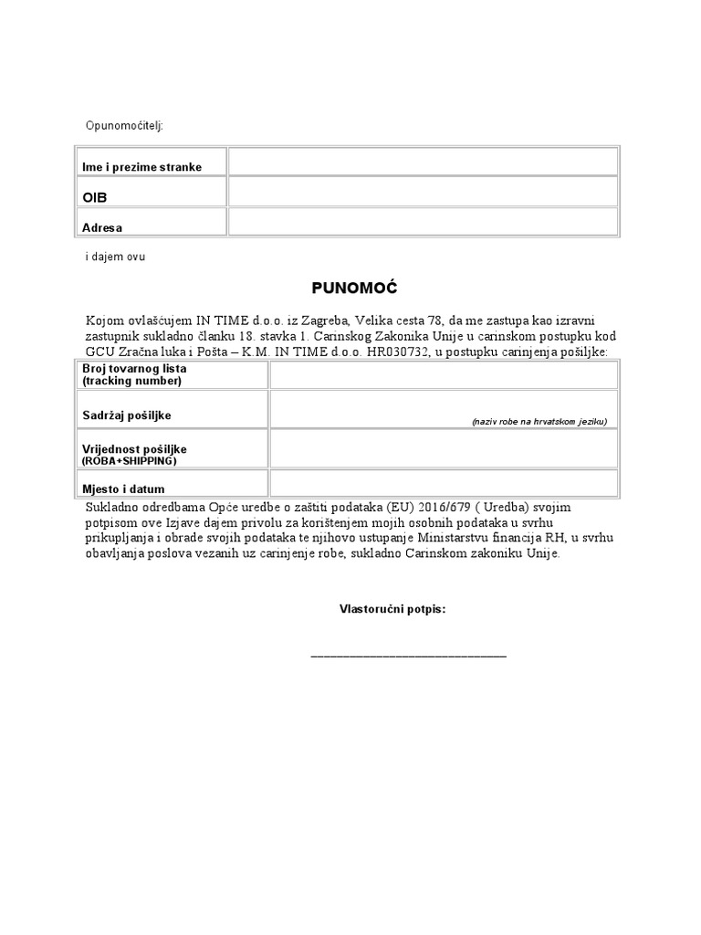 Carinska Punomoć Za Fizičke Osobe Izjava o Privatnostii22121 | PDF