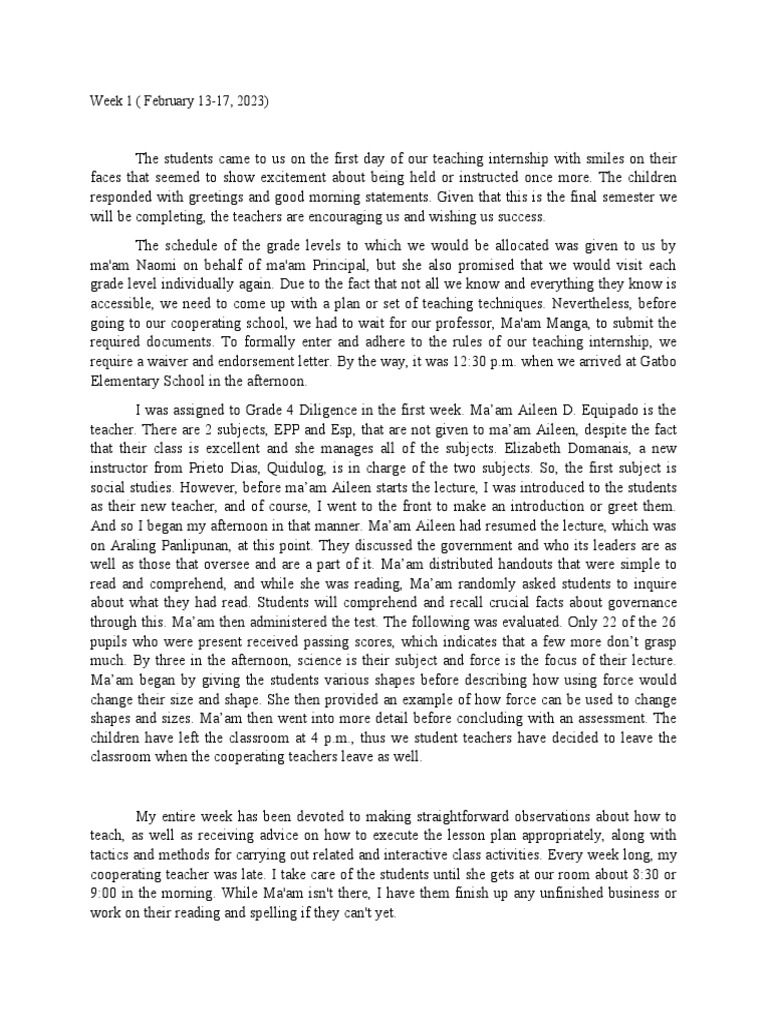 A Week of Observations and Teaching Experiences During My First Week of ...