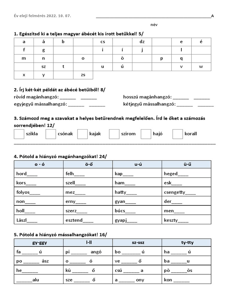 Év Eleji Nyelvtan Felmérés (Kész) | PDF