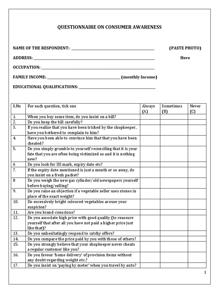 Questionnaire On Consumer Awareness Template | PDF | Survey Methodology ...