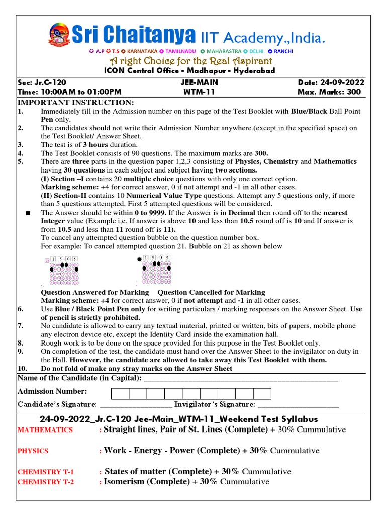 24 09 2022 - JR.C 120 - Jee Main - WTM 11 - Q.Paper | PDF | Gases | Isomer 24 09 2022 - JR.C 120 - Jee Main - WTM 11 - Q.Paper | PDF | Gases | Isomer