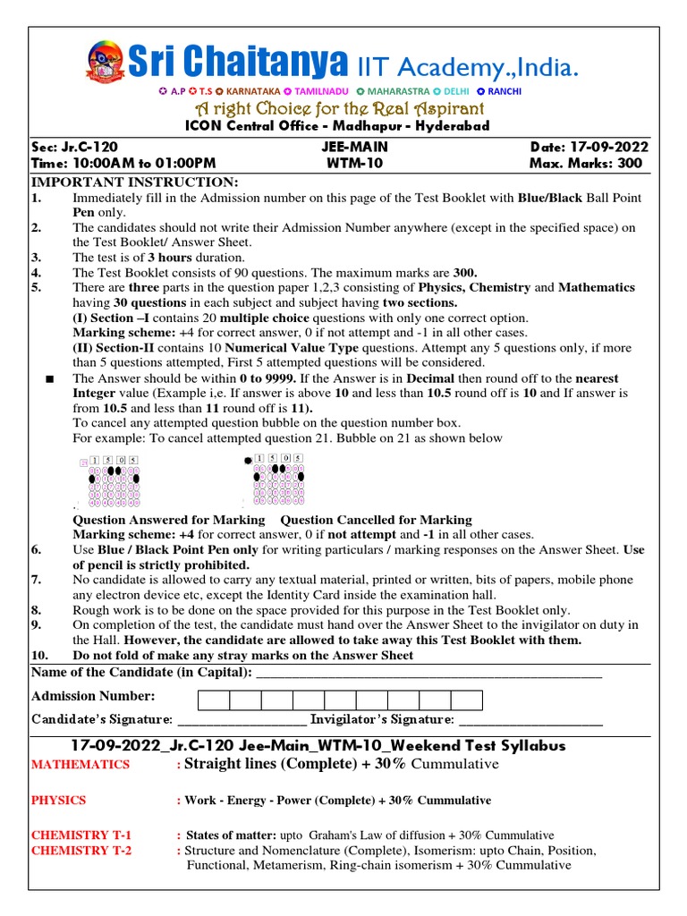 17 09 2022 - JR.C 120 - Jee Main - WTM 10 - Q.Paper | PDF