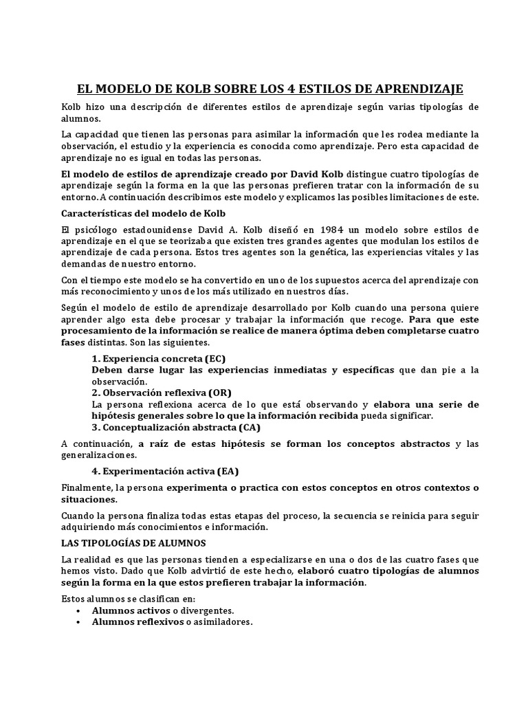 El Modelo de Kolb Sobre Los 4 Estilos de Aprendizaje | PDF ...