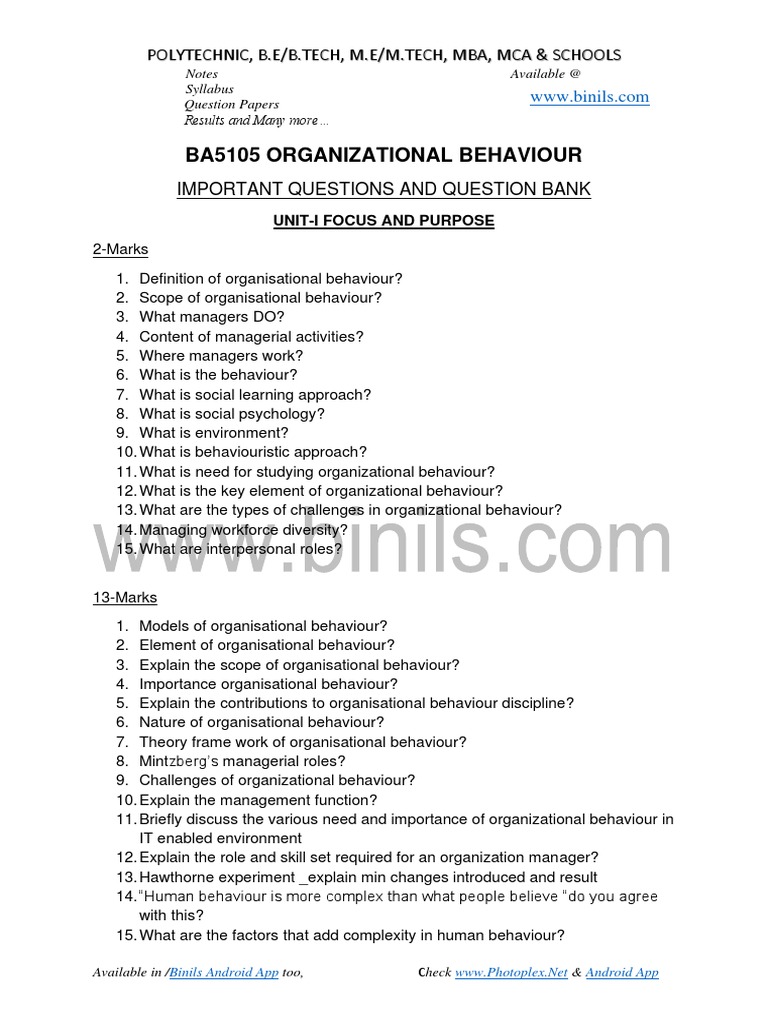 Organizational Behaviour Reg 17 Question Bank | PDF | Organizational ...