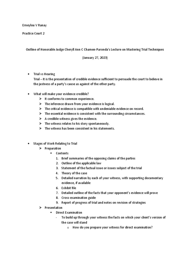 Outline - Mastering Trial Techniques | PDF | Witness | Testimony