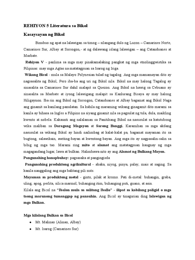 REHIYON 5 Literatura Sa Bikol | PDF