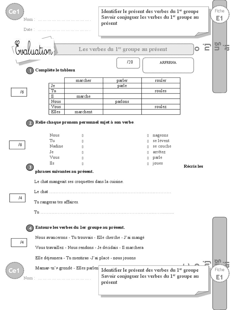 Évaluation des verbes du 1er groupe CE1 | PDF | Typologie linguistique ...