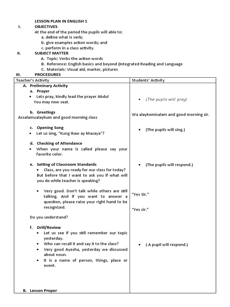 Lesson Plan in Verb 1 | PDF | Lesson Plan | English Language