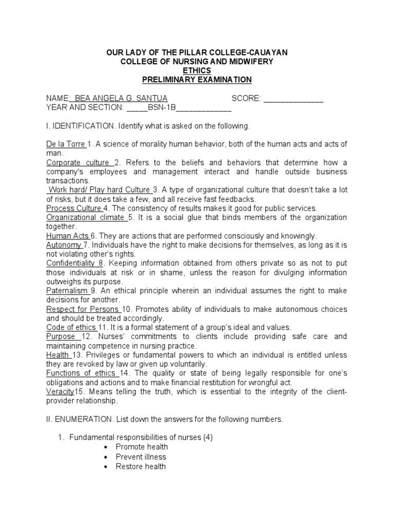 Ethics Prelim Exam | PDF | Autonomy | Confidentiality