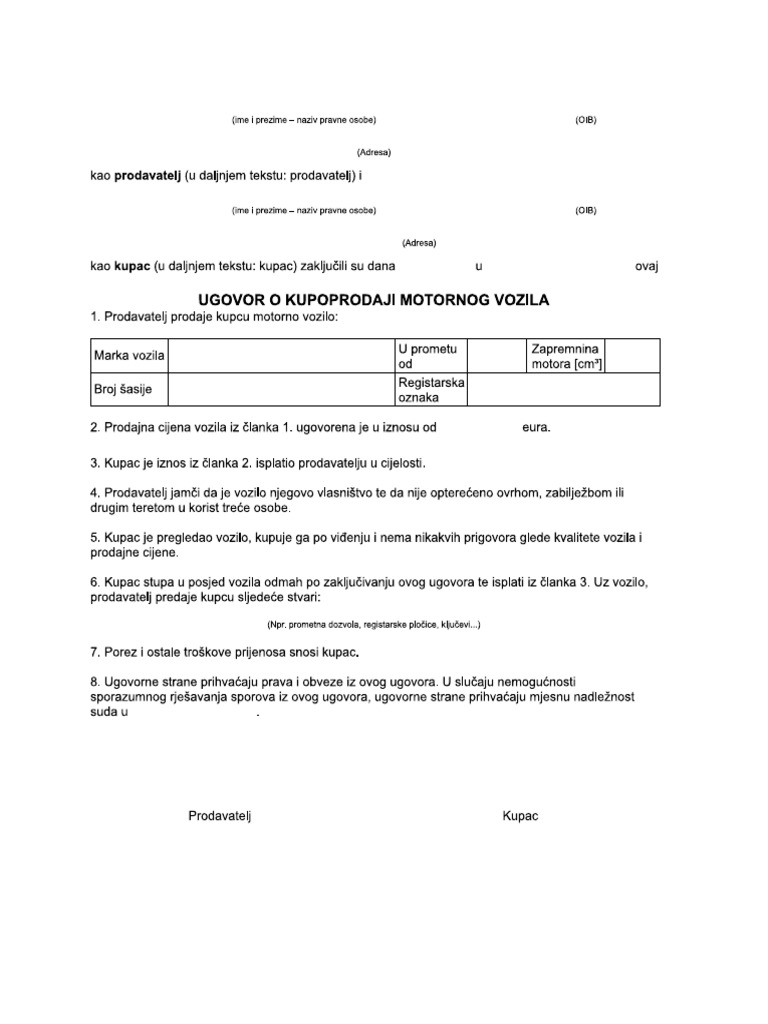 Ugovor o Kupoprodaji Motornog Vozila | PDF