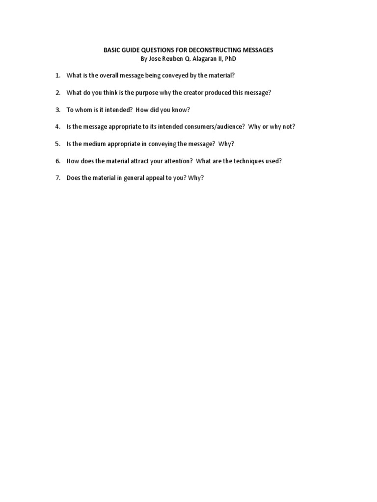Basic Guide Questions For Deconstructing Messages | PDF