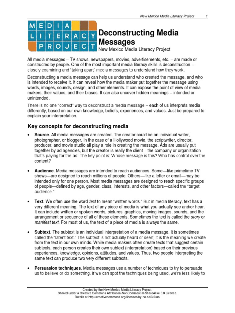 Deconstructing Media Messages Media Literacy Project | PDF | Persuasion ...