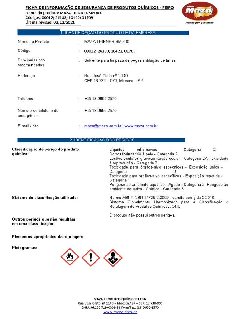 FISPQ Thinner SM Maza Premiun | PDF | Ácido nítrico | Ácido sulfúrico