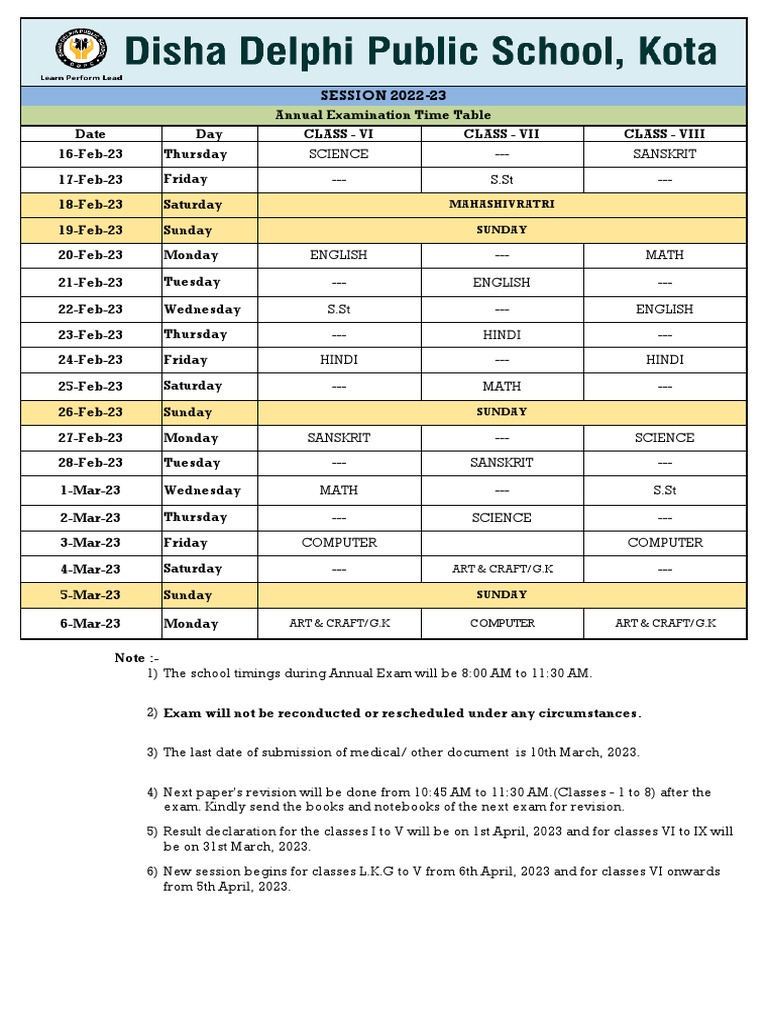 CLASS 6-8 Annual Exam Date Sheet 2022 | PDF