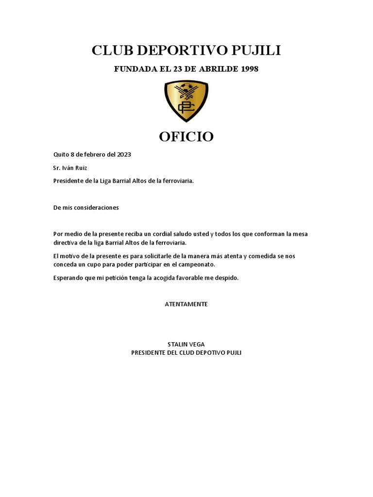 Club Deportivo Pujili Oficio de Peticio | PDF