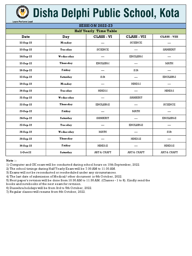 September-October 2022 Half Yearly Examination Timetable for Classes 6 ...