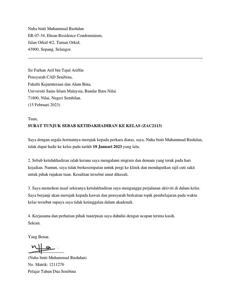 Surat Tunjuk Sebab - Tidak Hadir Ke Kelas | PDF