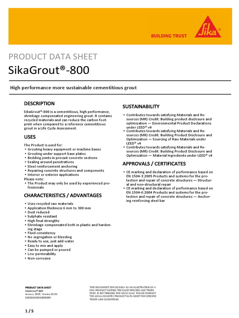 Glo Sikagrout 800 en Corp 01 2023 | PDF | Concrete | Cement