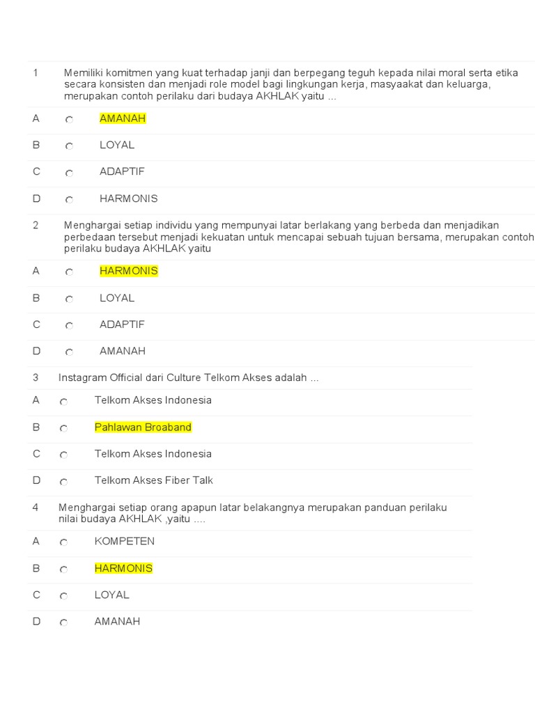 Kuis Budaya AKHLAK dan Telkom CODES | PDF