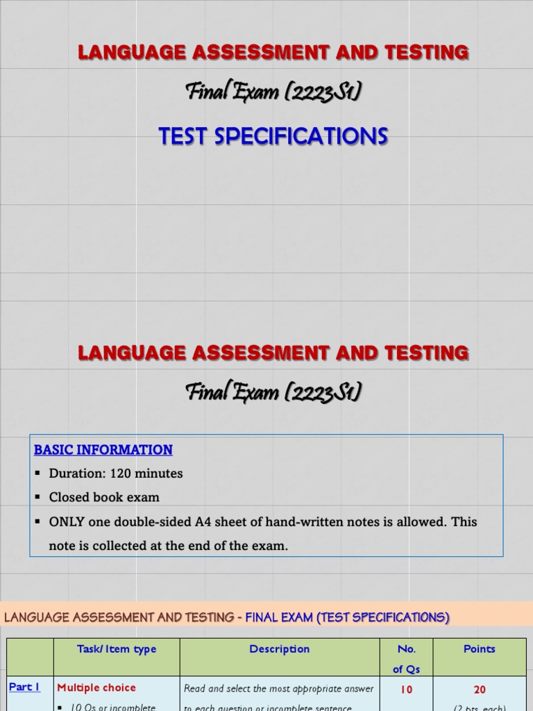 Final Test Specification 2223S1 | PDF | Multiple Choice | Rubric (Academic)