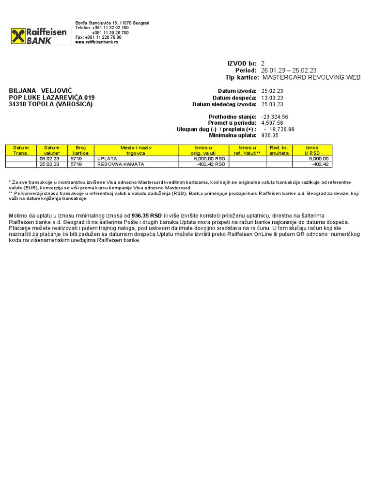 Izvod Broj 2 Po Kreditnoj Kartici 518289XXXXXX1532 | PDF