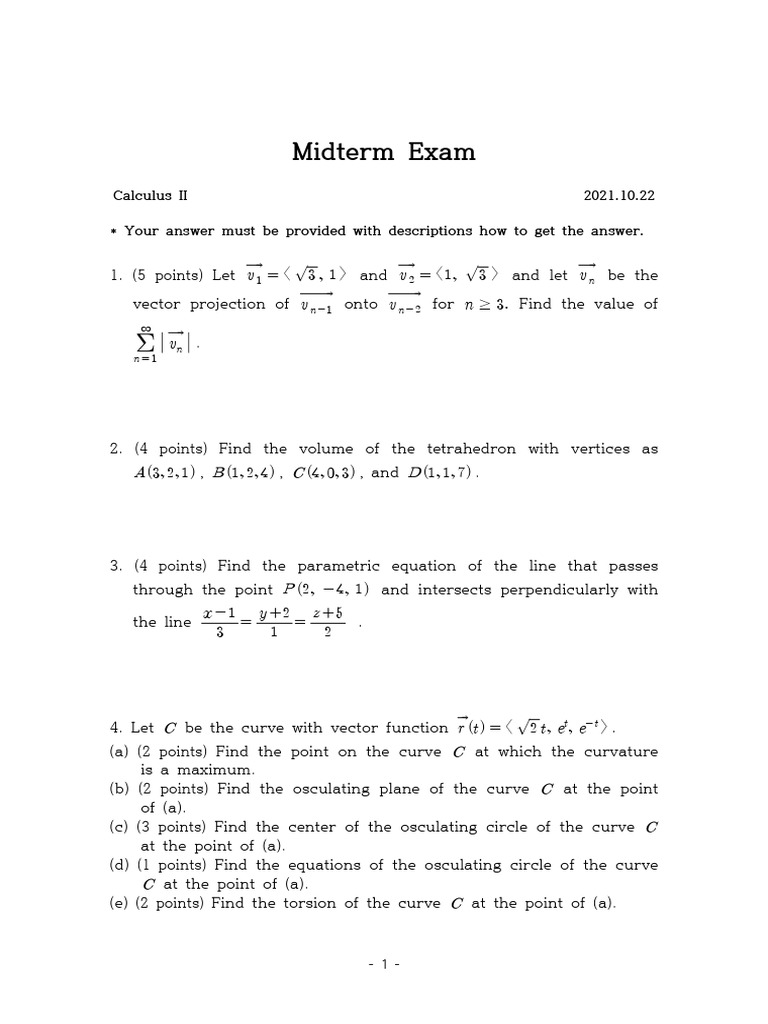 Calculus II 2021 Fall Midterm Exam | PDF | Derivative | Geometry