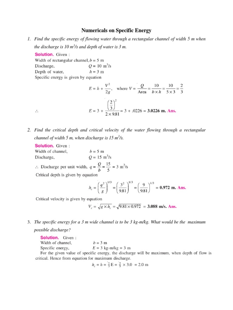 Numericals On Specific Energy, Rapidly and Gradually Varied Flow | PDF