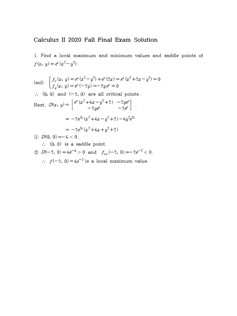 Calculus II 2020 Fall Final Exam Solution | PDF