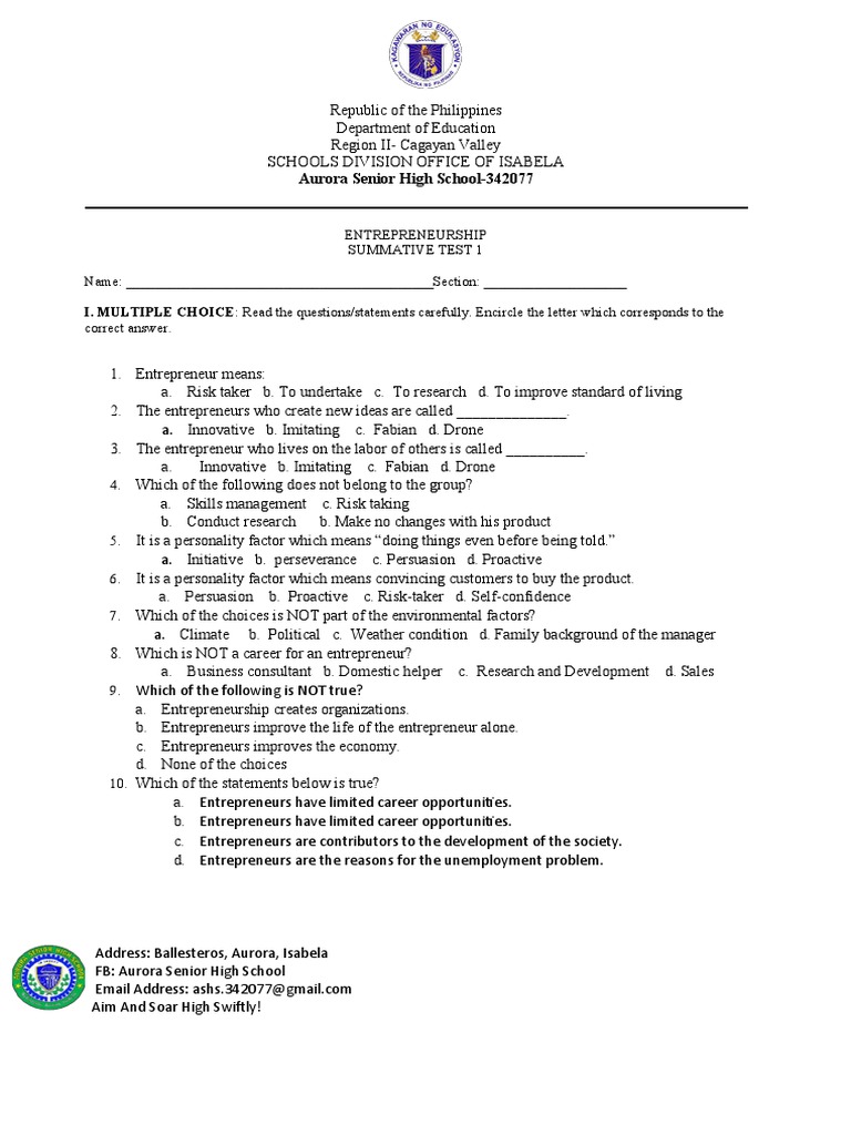 Summative Q1-1-Entrep | PDF | Entrepreneurship | Business Economics