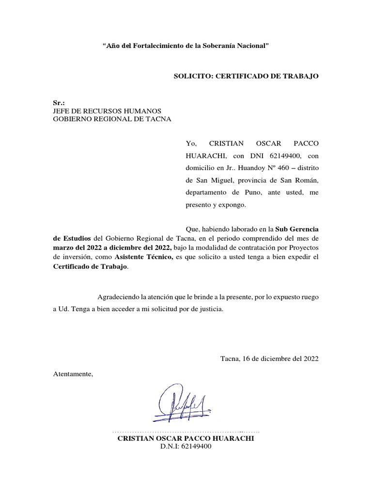 Solicitud Certificado de Trabajo | PDF