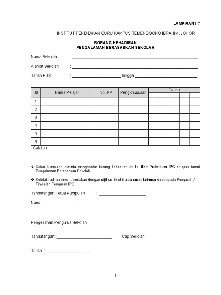 9.lampiran 1-7 (Borang Kehadiran) | PDF