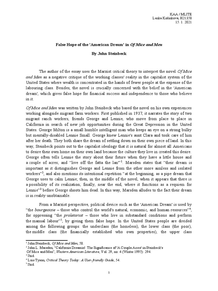 Marxist Critique of 'American Dream' in Steinbeck's Novel | PDF ...