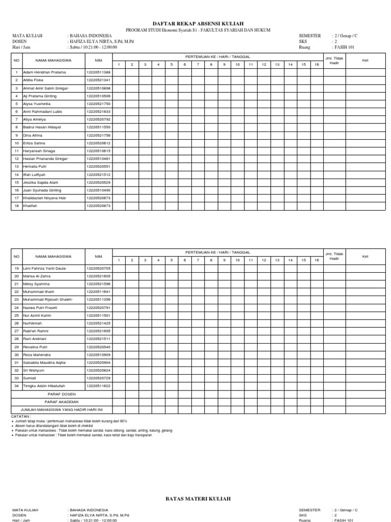 Rekap Absen Kelas - 20222-EIS-019 - Ekonomi Syariah S1 | PDF