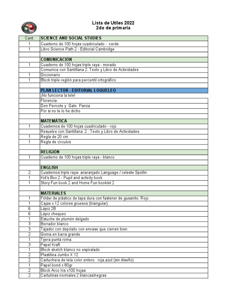 Lista de Útiles de 2do. Grado | PDF