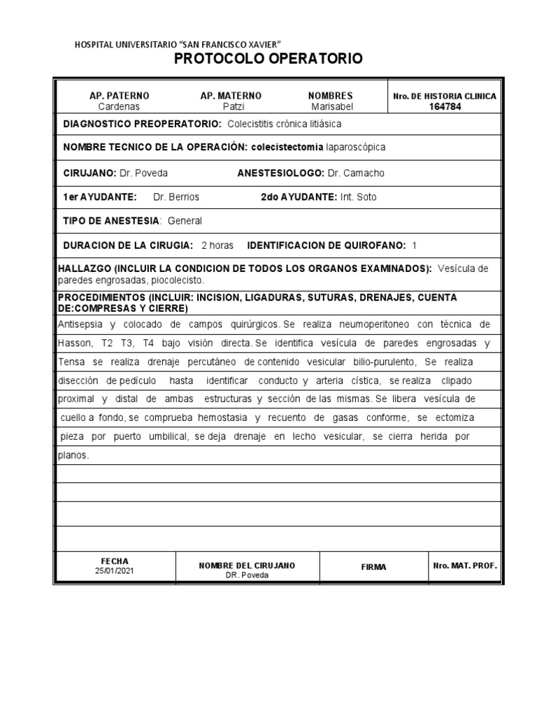 Protocolo Operatorio MARISABEL | PDF