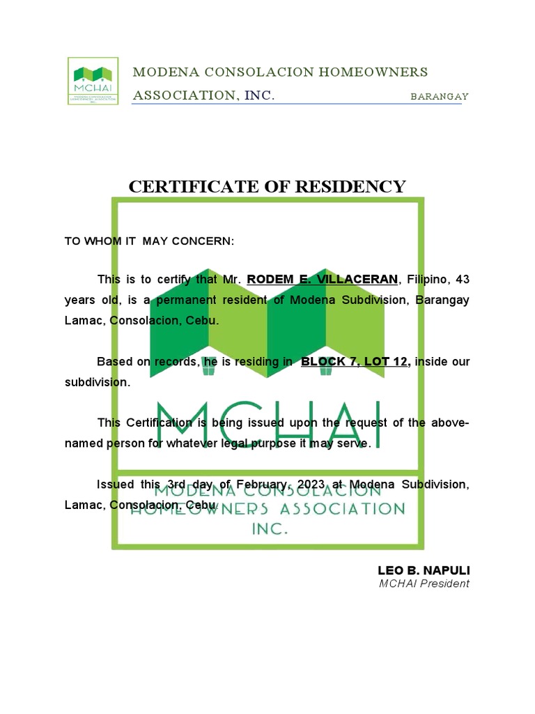 Certificate of Residency Samples | PDF
