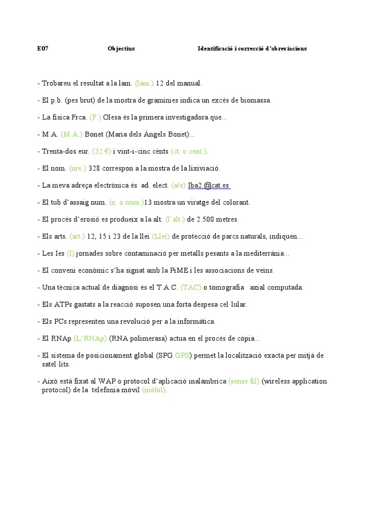 Exercici E07 CorrecciÃ Abreviacions PDF | PDF