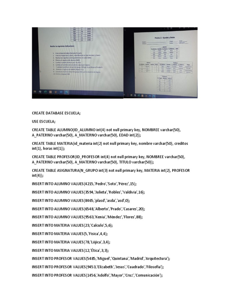 Creación y administración de bases de datos y tablas para una escuela y una ferretería | PDF ...
