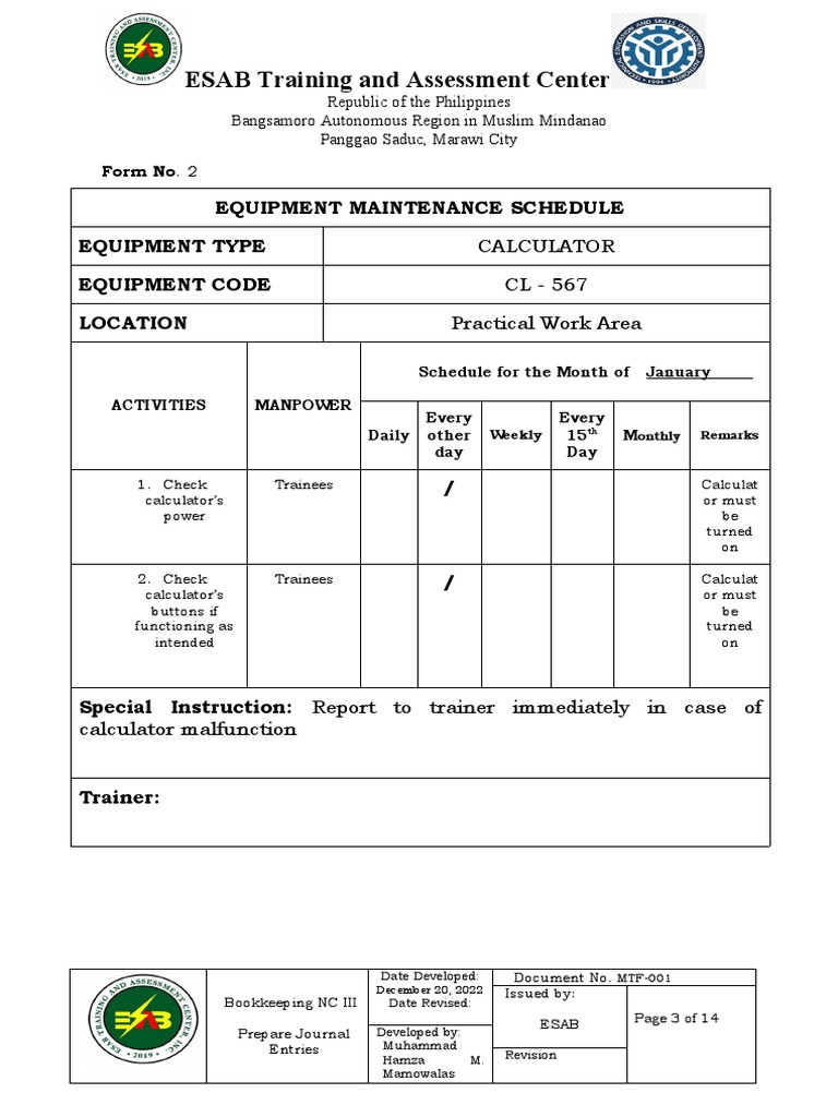 Equipment Maintenance Schedule | PDF