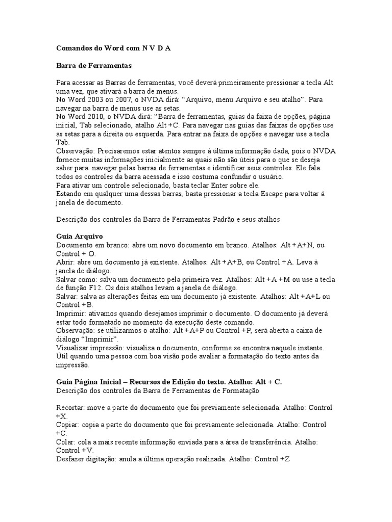 Atalhos do Word com NVDA | PDF | Janela (informática) | Programas