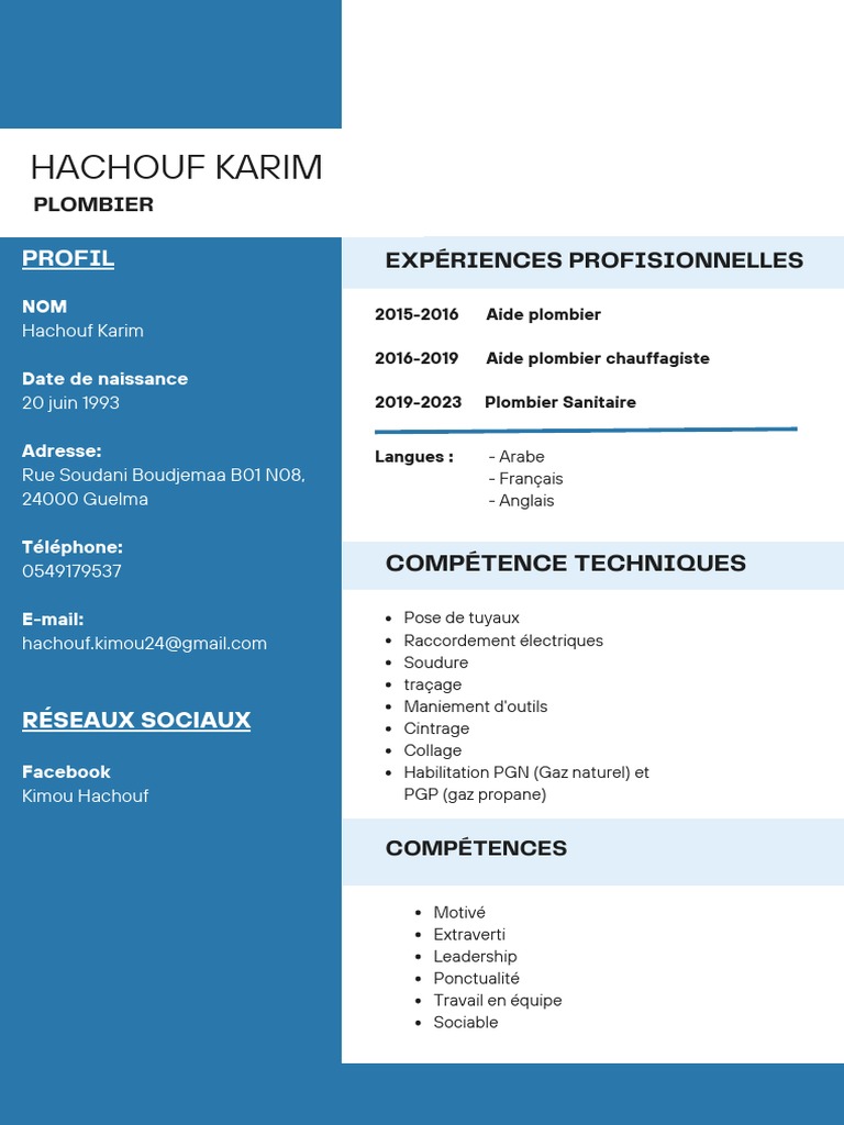 Exemplaire CV Plombier | PDF