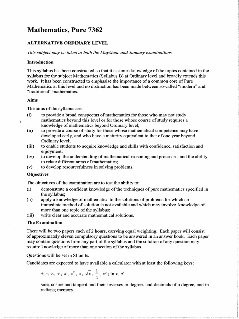 Pure Maths Syllabus May June 2007 | PDF