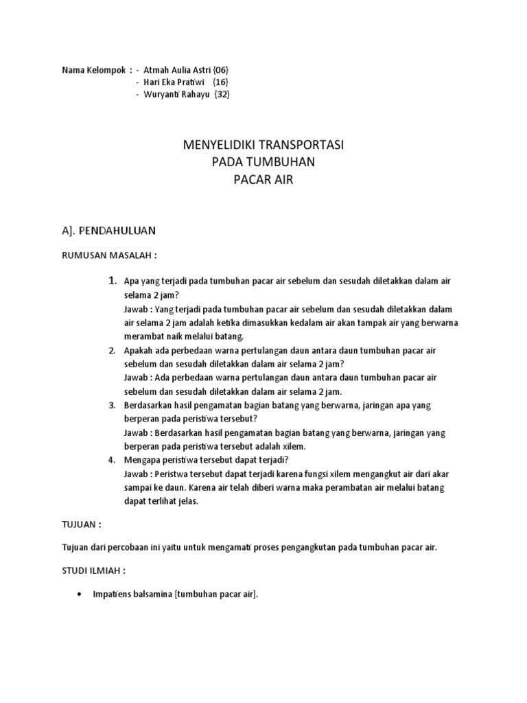 Menyelidiki Transportasi Pada Tumbuhan Pacar Air | PDF